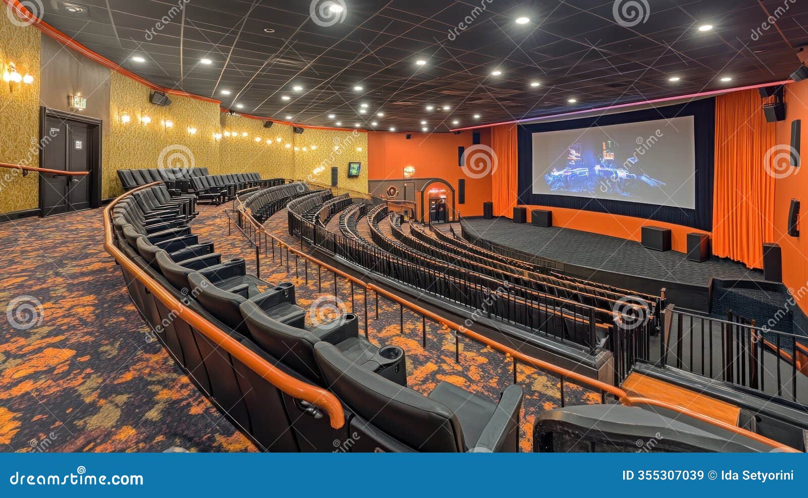 Modern Cinema Interior with Seating and Screen Stock Illustration ...