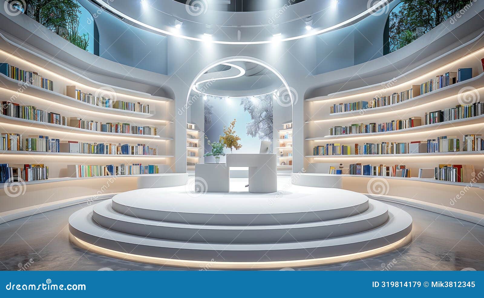 Modern Circular Library with Illuminated Bookshelves. Stock ...