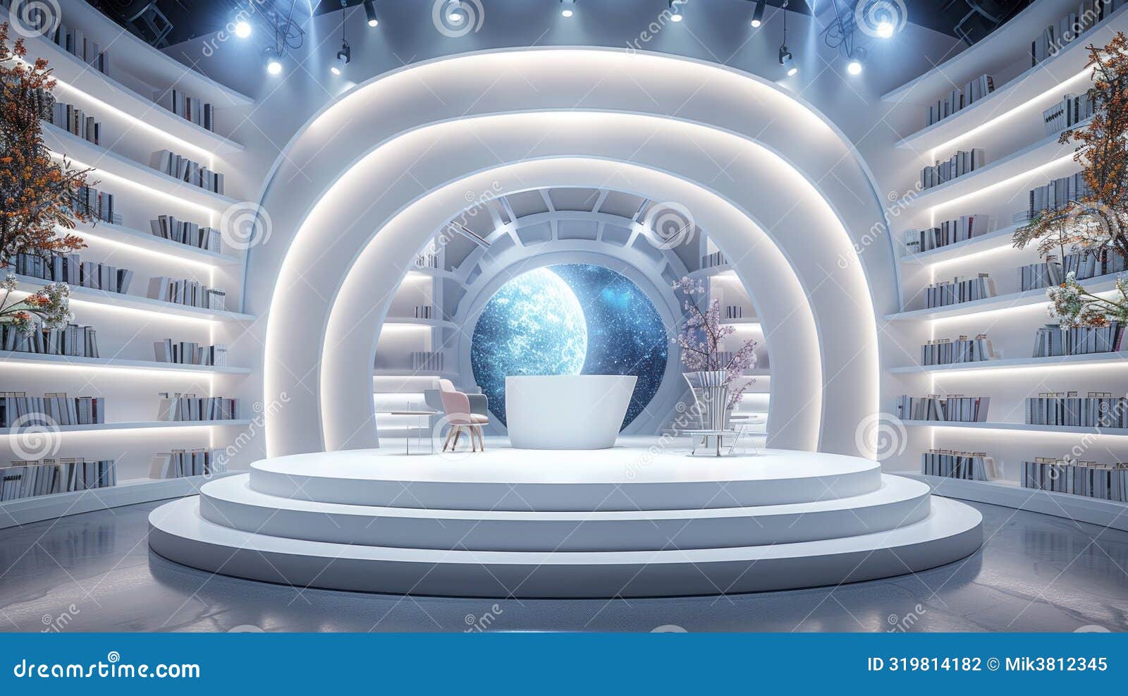 Modern Circular Library with Illuminated Bookshelves. Stock ...