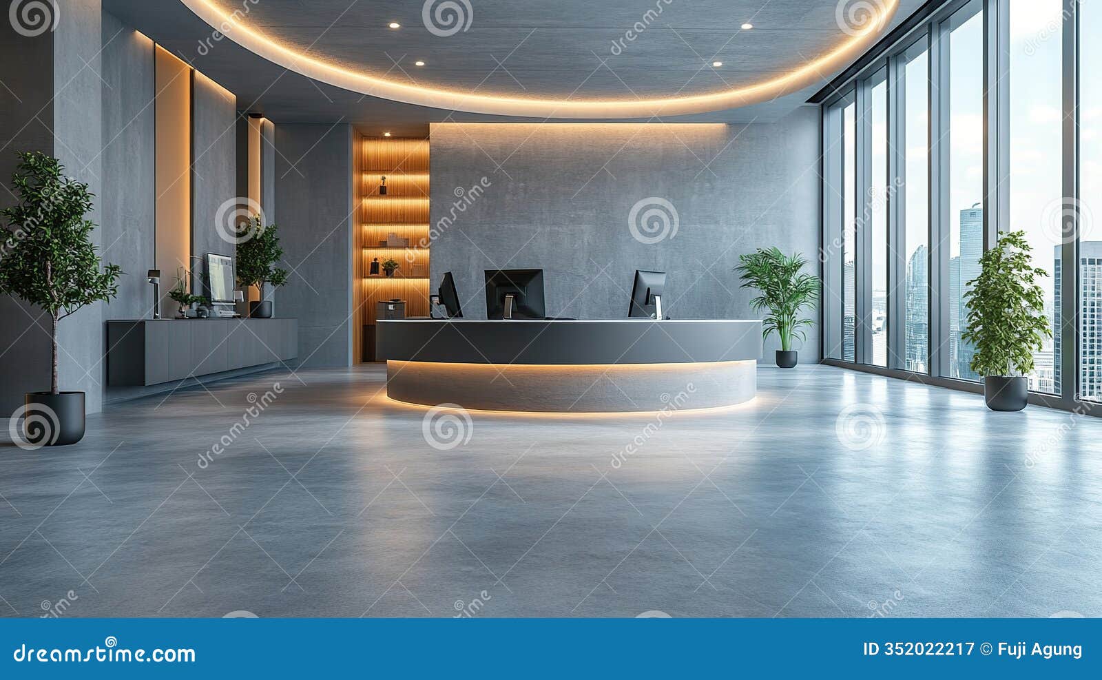 Modern Circular Reception Desk in a Contemporary Office with City View ...