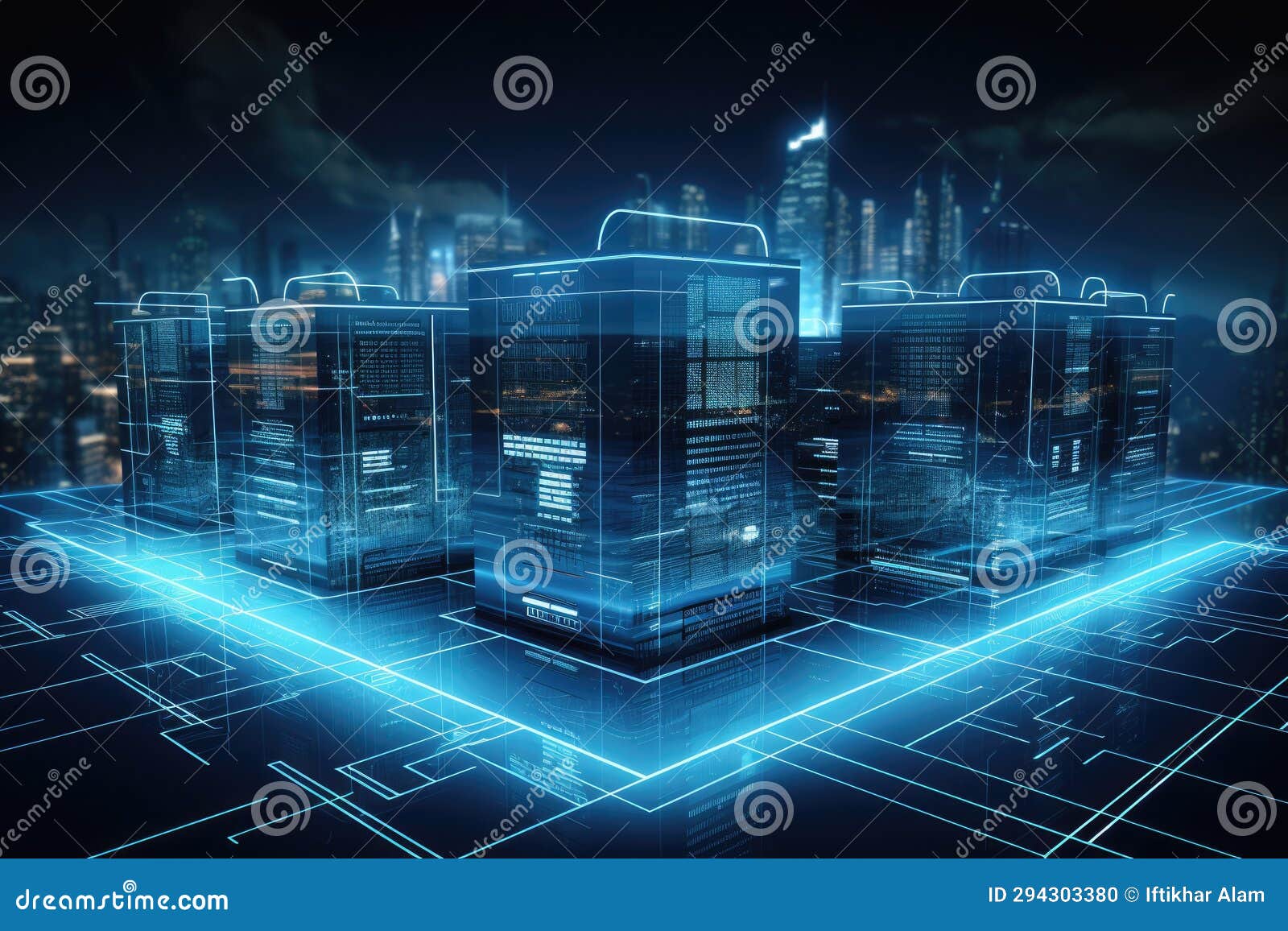 Modern City with Glowing Lights on Dark Background. 3D Rendering, it ...