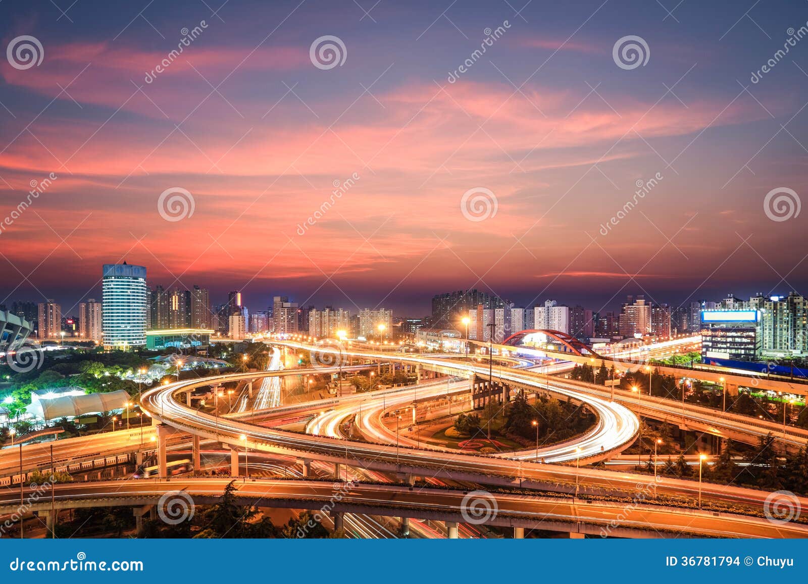 Modern City Interchange in Nightfall Stock Photo - Image of bridge ...