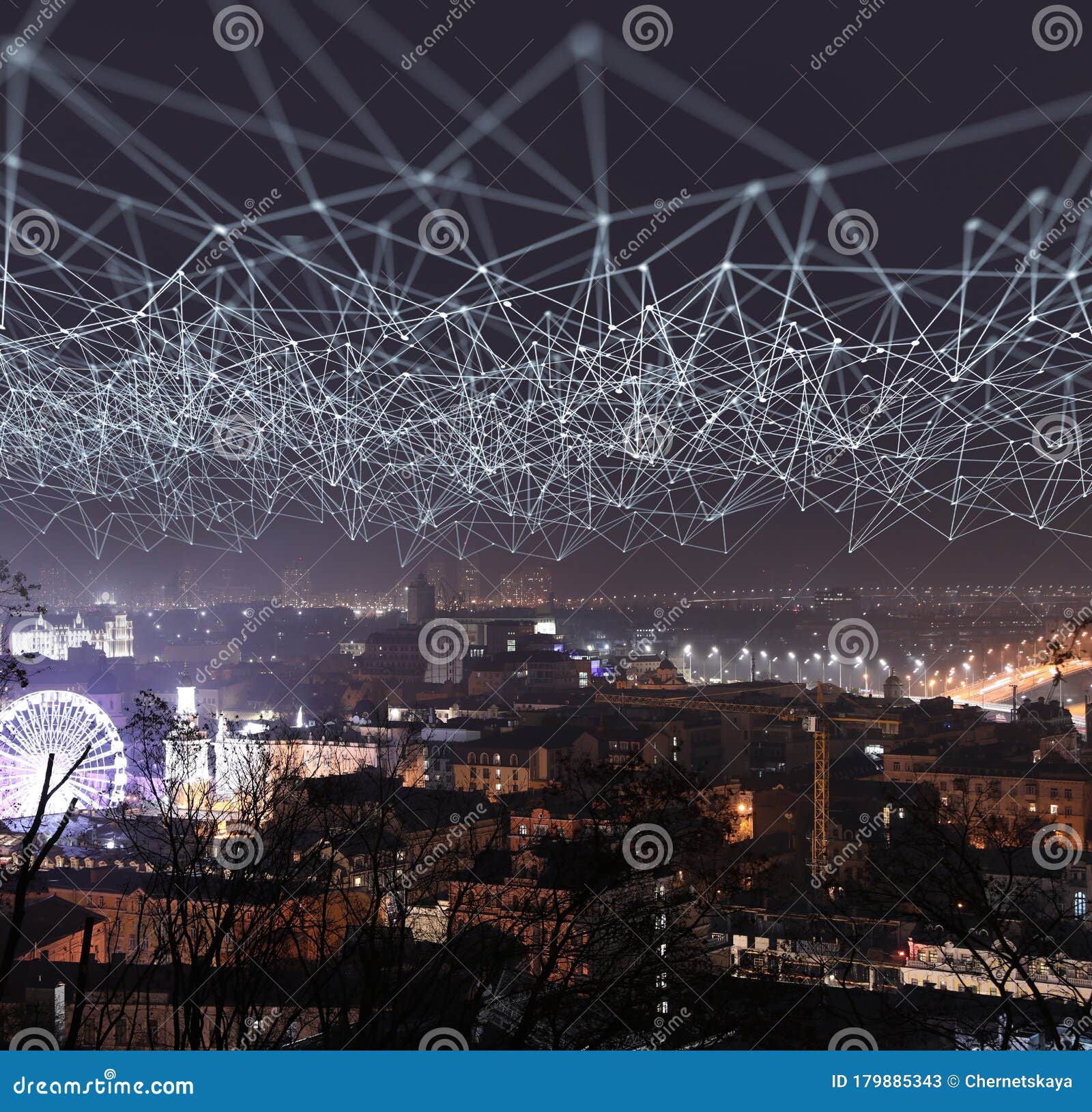 City at Night and Radio Network. Connection Concept Stock Image - Image ...
