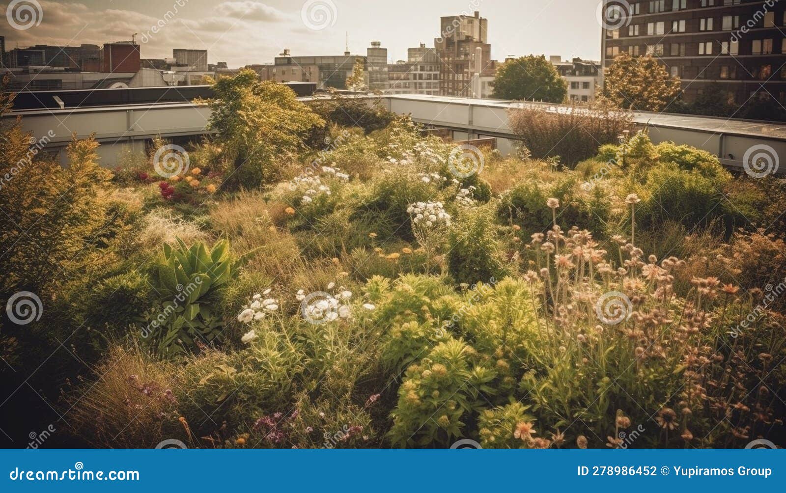 Modern City Skyline at Dusk, Nature Growth Against Architecture ...