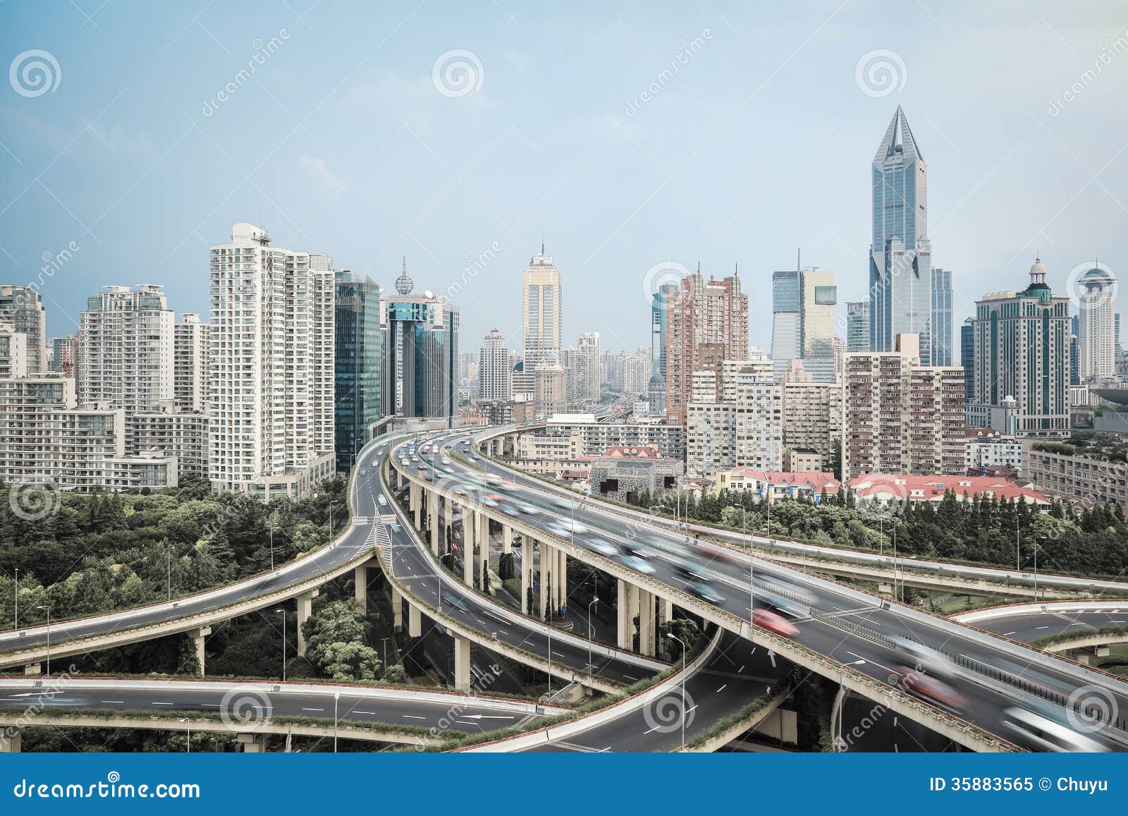 Modern City Skyline with Interchange Overpass Stock Image - Image of ...