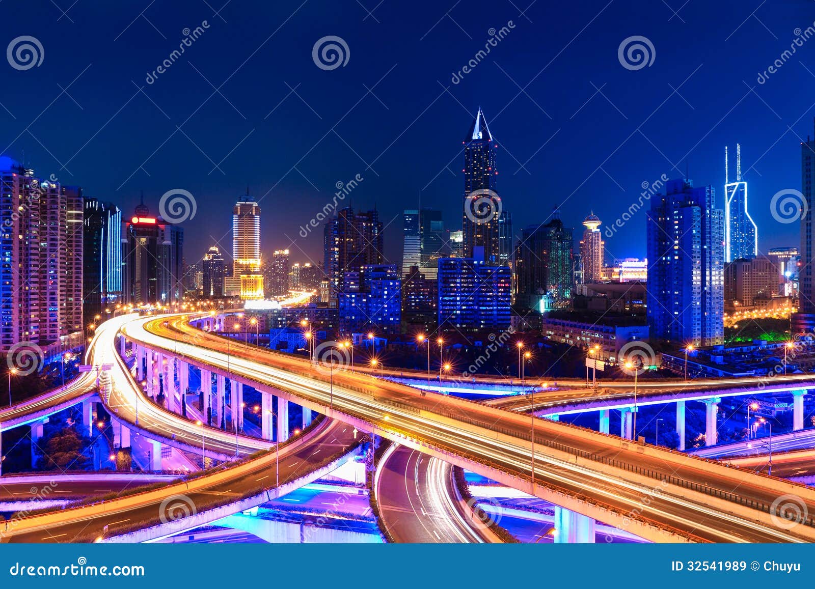 Modern City Skyline with Interchange Overpass at Night Stock Image ...