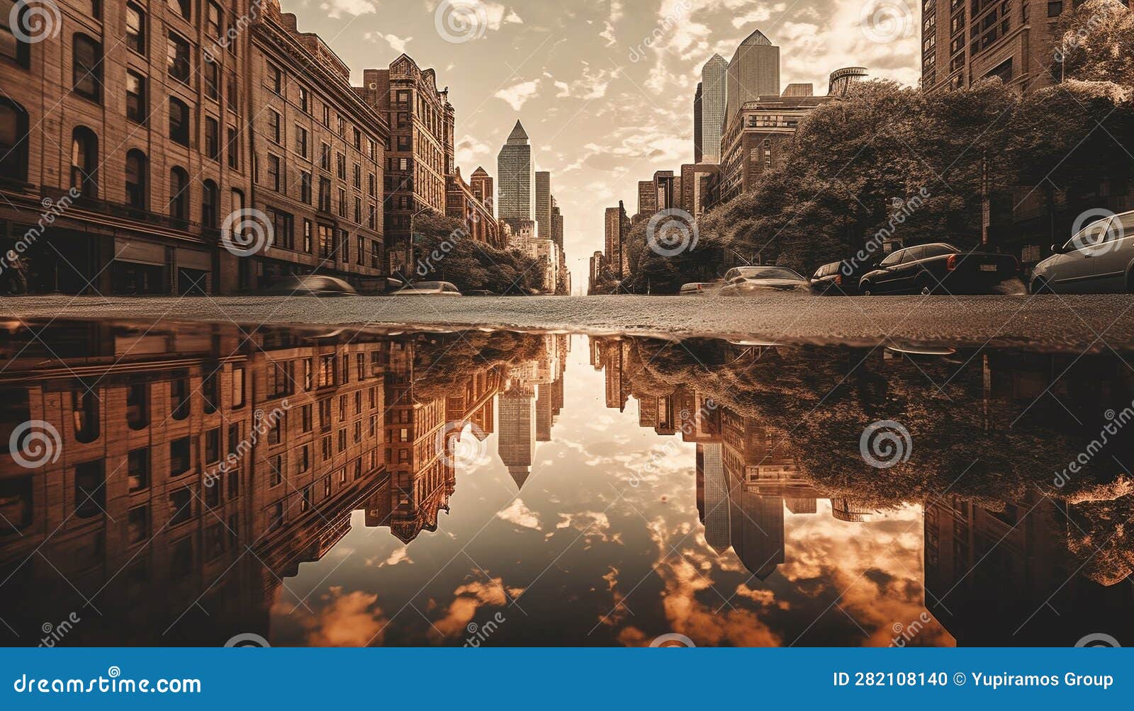 Modern City Skyline Reflects Nature Sunset in Multi Colored Facade ...