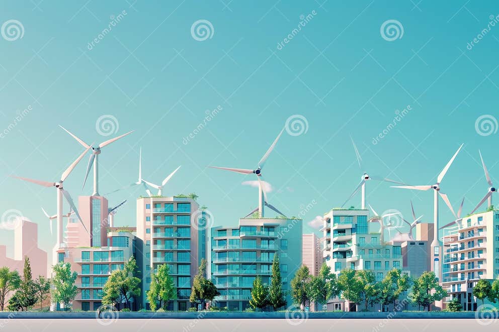 Modern City Skyline Utilizing Green Energy Wind Turbines Stock Photo ...