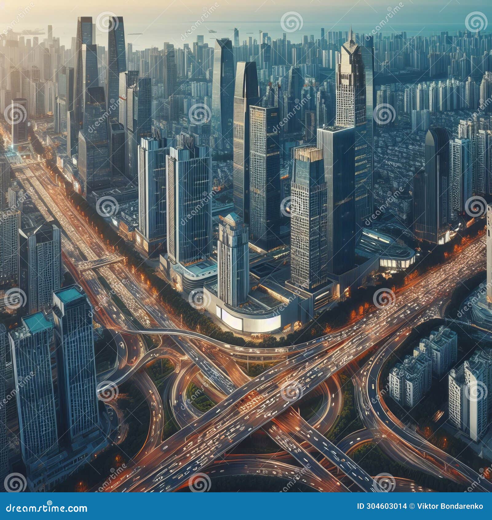 Modern City with Skyscrapers and Traffic Intersections Aerial View ...