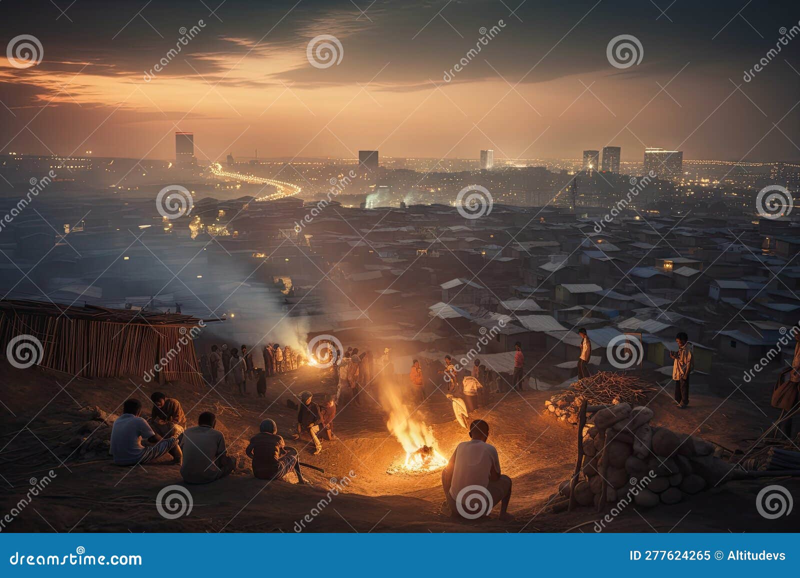 Modern City, with View of Nomadic Tribe& X27;s Campfire in the Distance ...