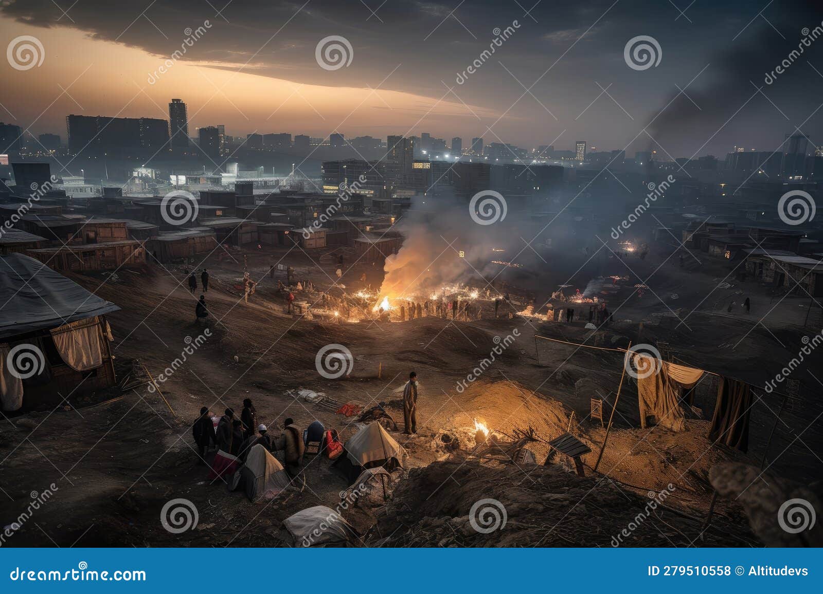 Modern City, with View of Nomadic Tribe S Campfire in the Distance ...