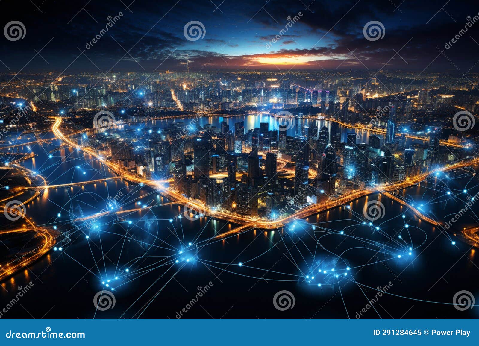 Modern Cityscape Buildings and Digital Connection Concept. 3D Rendering ...