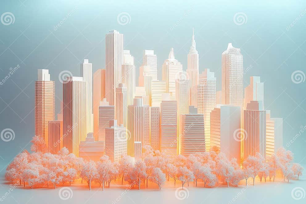 Modern Cityscape with Glowing Trees, a Minimalist 3D Render Stock Image ...