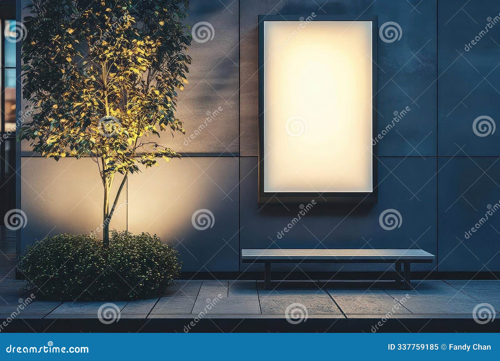Modern Cityscape with Illuminated Billboard and Bench Stock ...