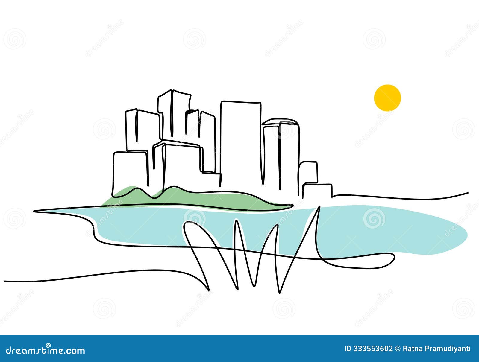 Modern Cityscape and Lake or River Continuous Line Drawing. Metropolis ...