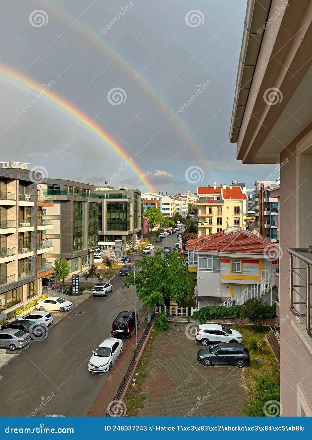 Modern Cityscape and Rainbow View. Wide Angle Editorial Stock Photo ...