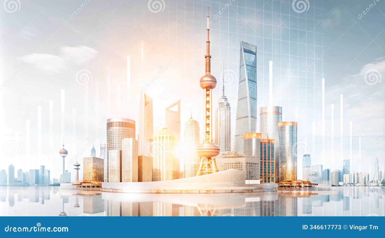 Modern Cityscape Skyline with Futuristic Digital Grid Overlay Stock ...