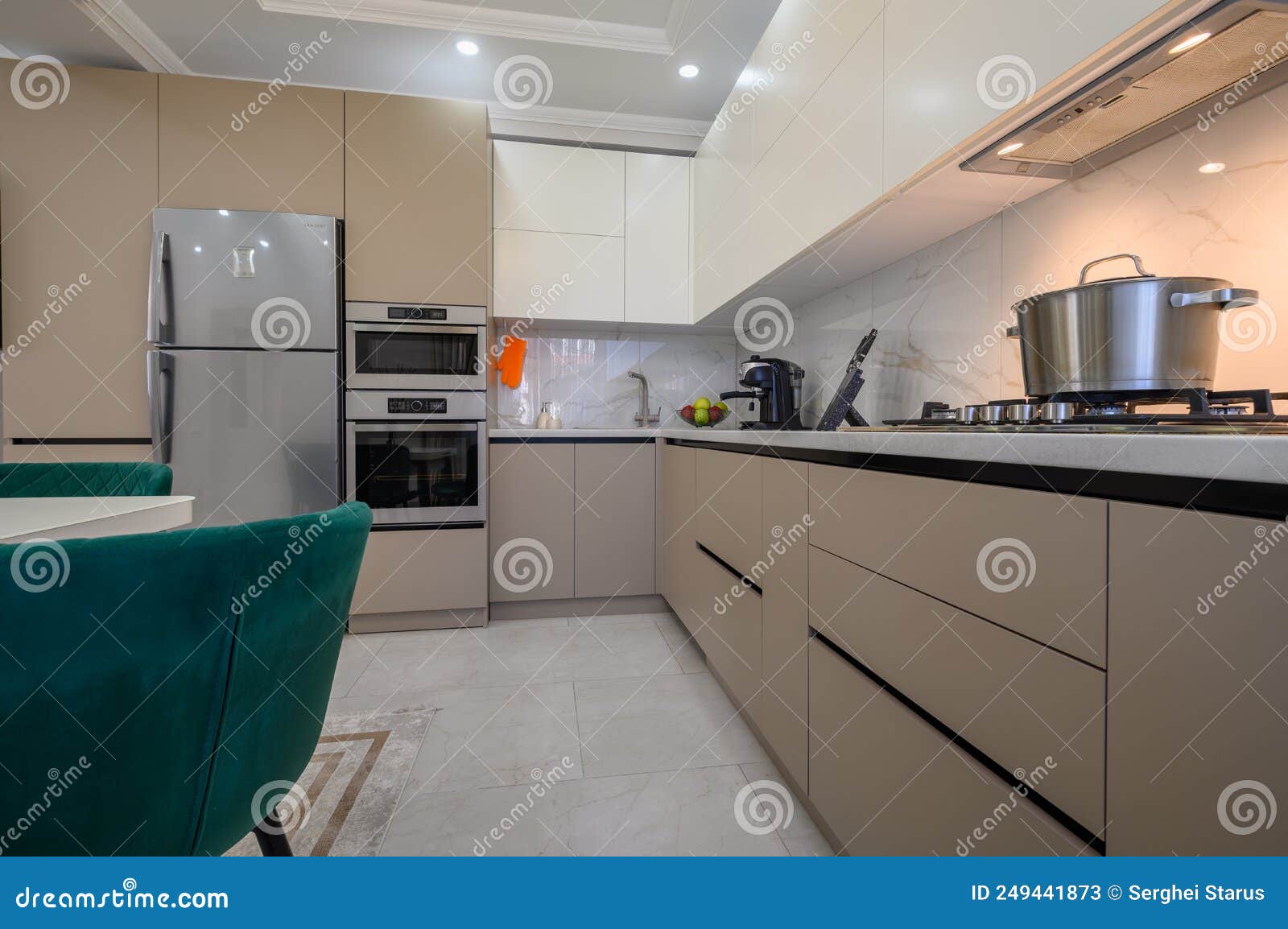 Modern White and Beige Large Luxurious Kitchen and Dining Table in ...