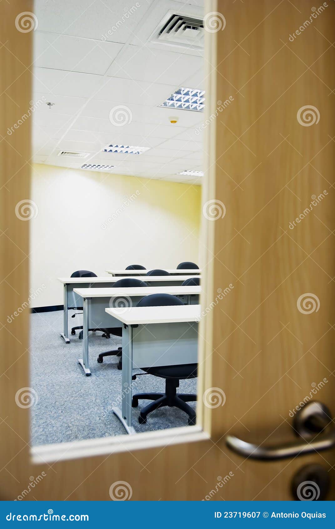 Modern Classroom Interior, With Round Tables. Anatomy Model And The ...