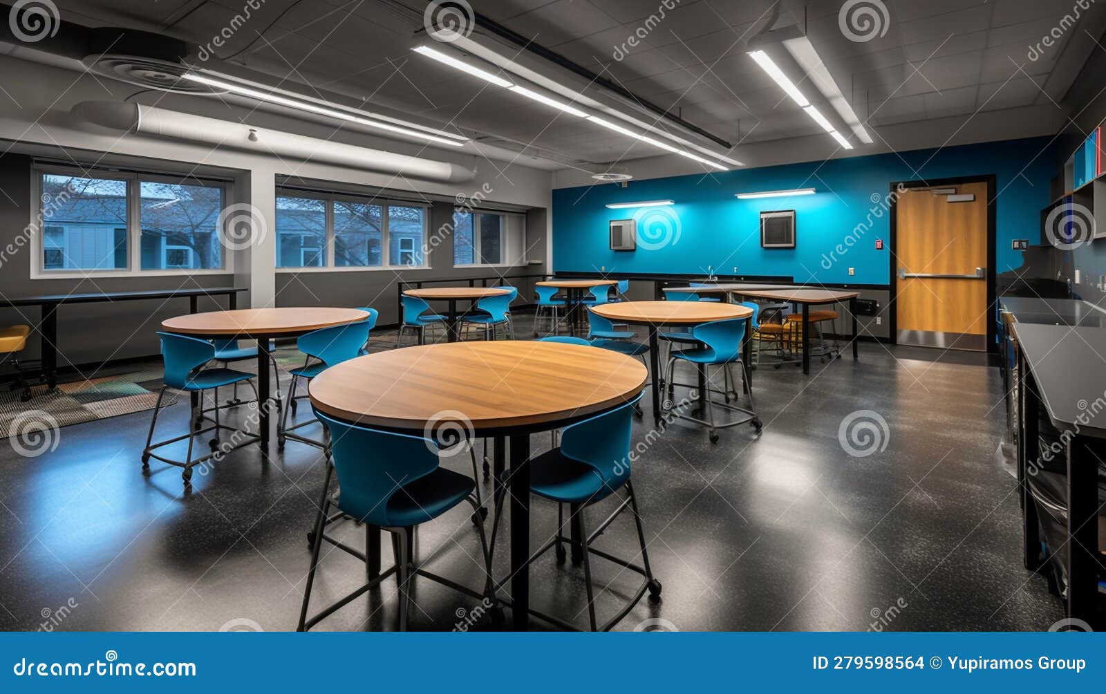 Modern Classroom with Blue Chairs and Wooden Desks for Learning ...