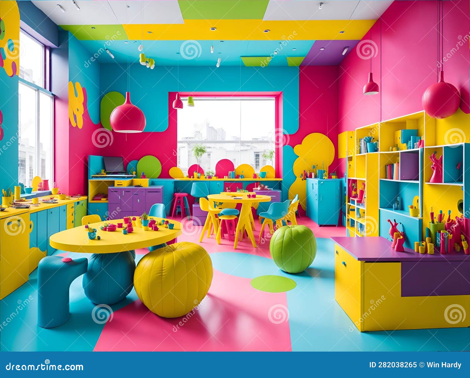 Modern Classroom with Bright Colors and Toys Stock Illustration ...
