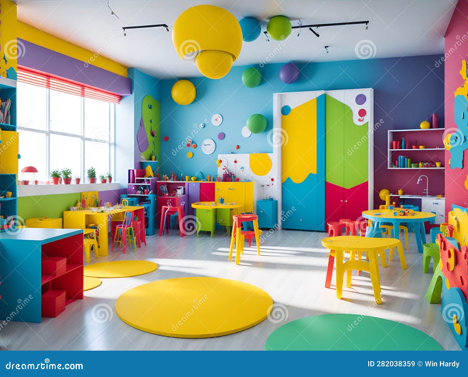 Modern Classroom with Bright Colors and Toys Stock Illustration ...