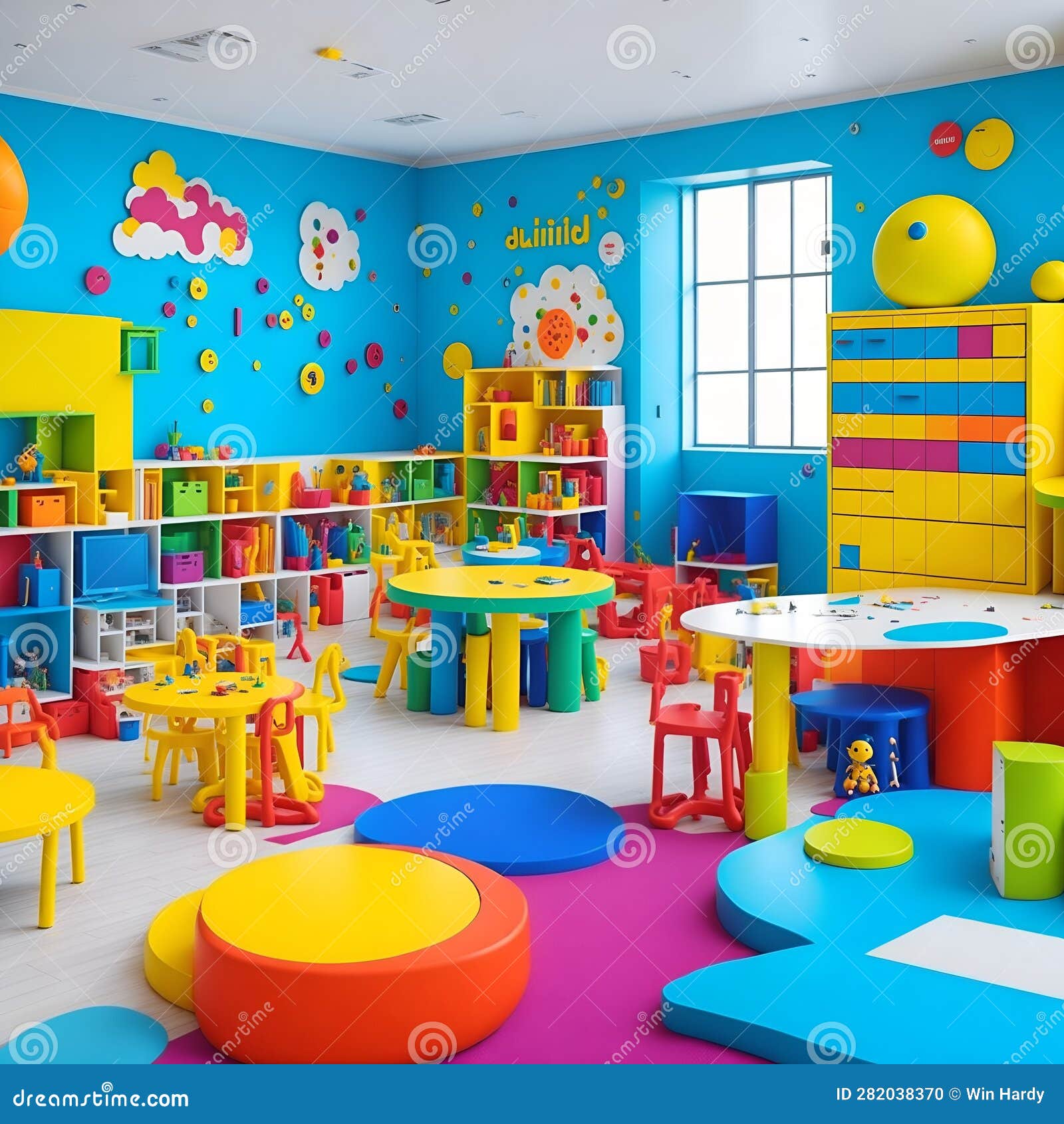 Modern Classroom with Bright Colors and Toys Stock Illustration ...