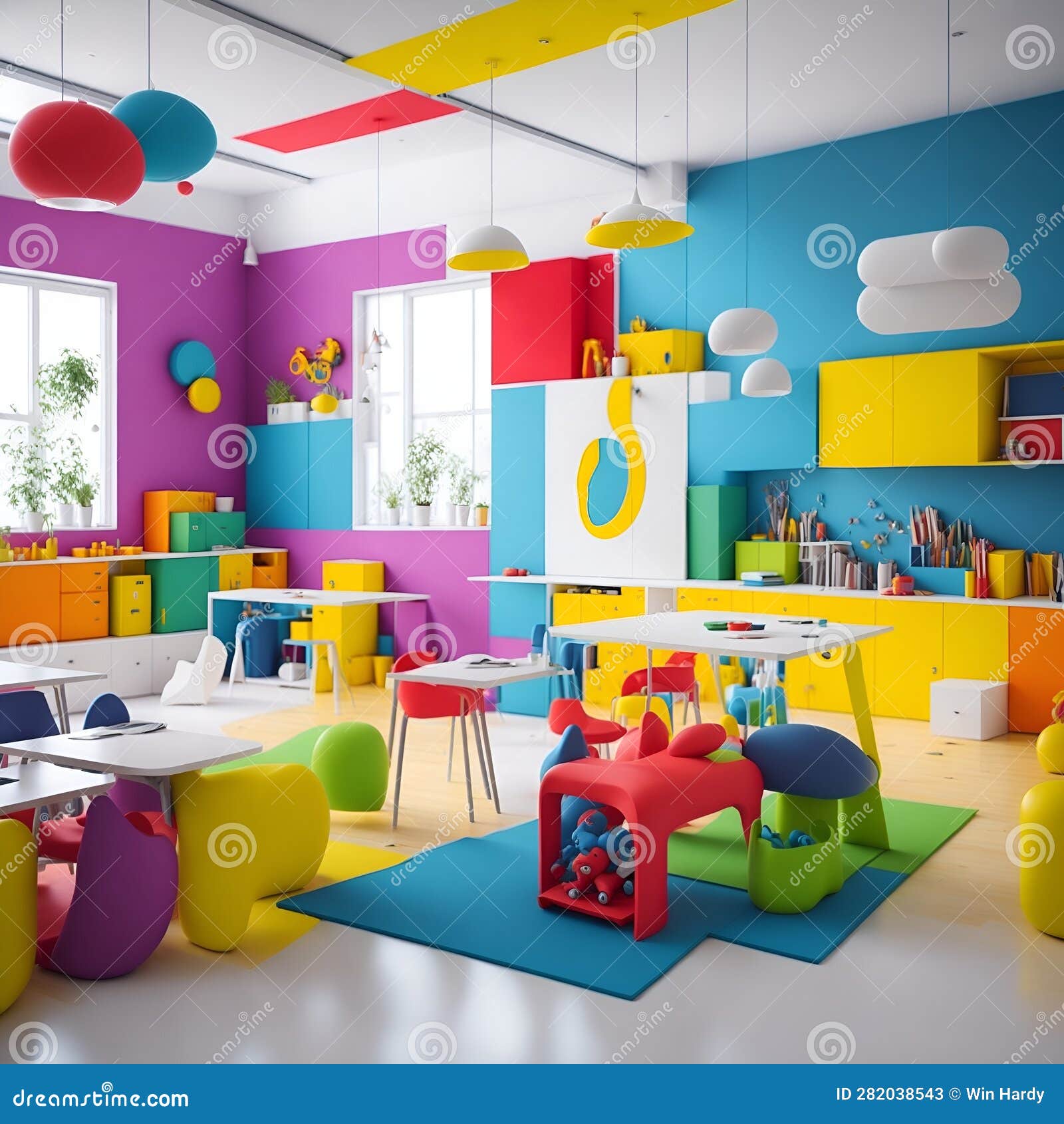 Modern Classroom with Bright Colors and Toys Stock Illustration ...