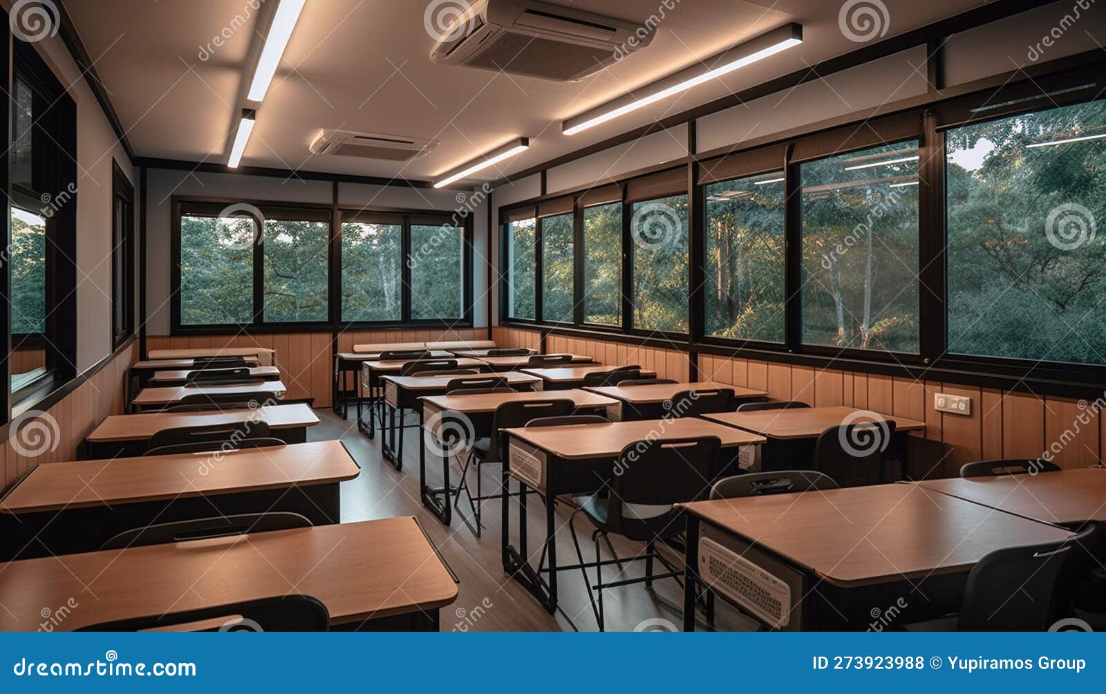 Modern Classroom with Empty Chairs and Desks Generated by AI Stock ...
