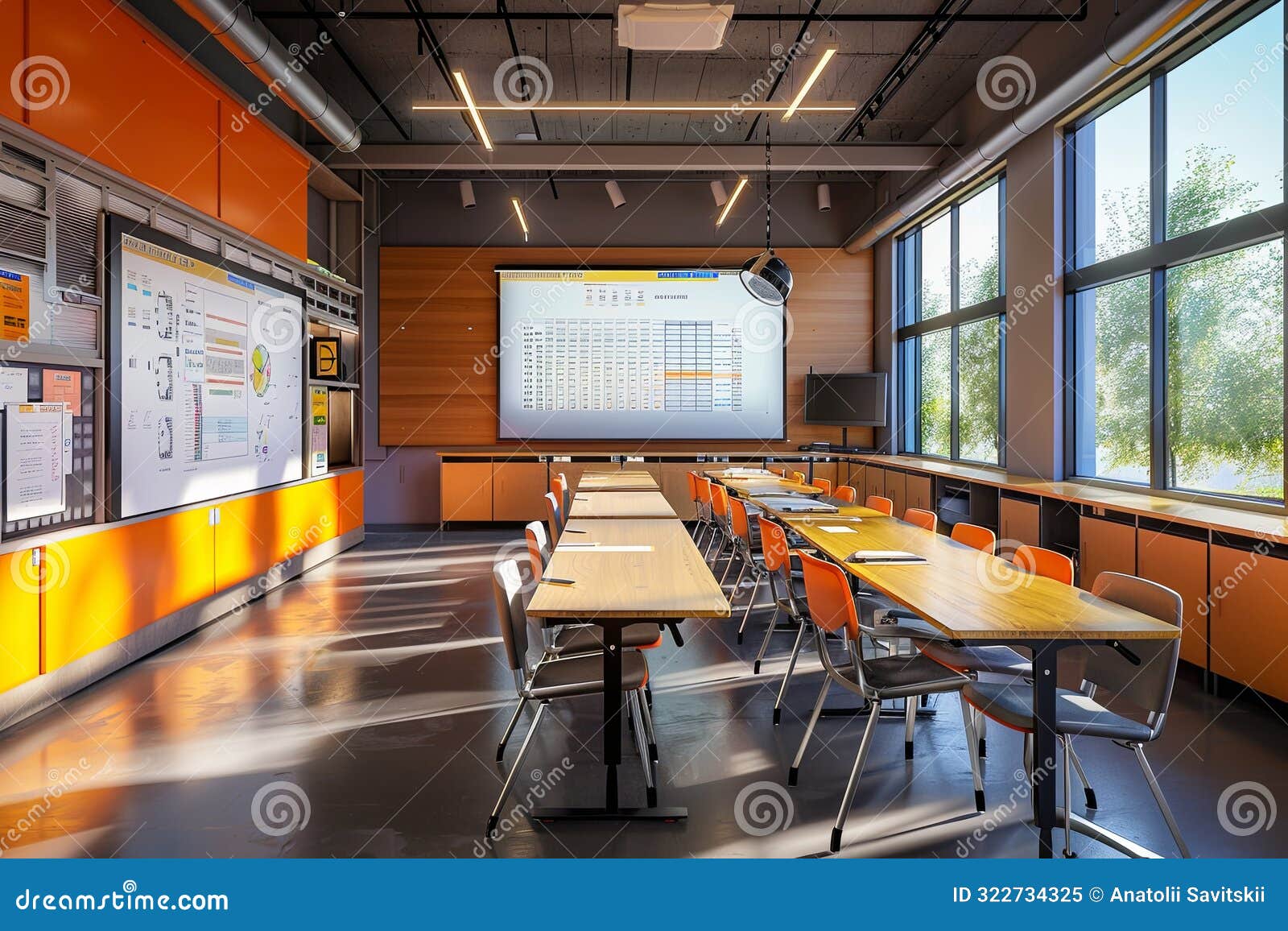 A Modern Classroom with Interactive Panels and AI Assistants, Designed for an Engaging and ...