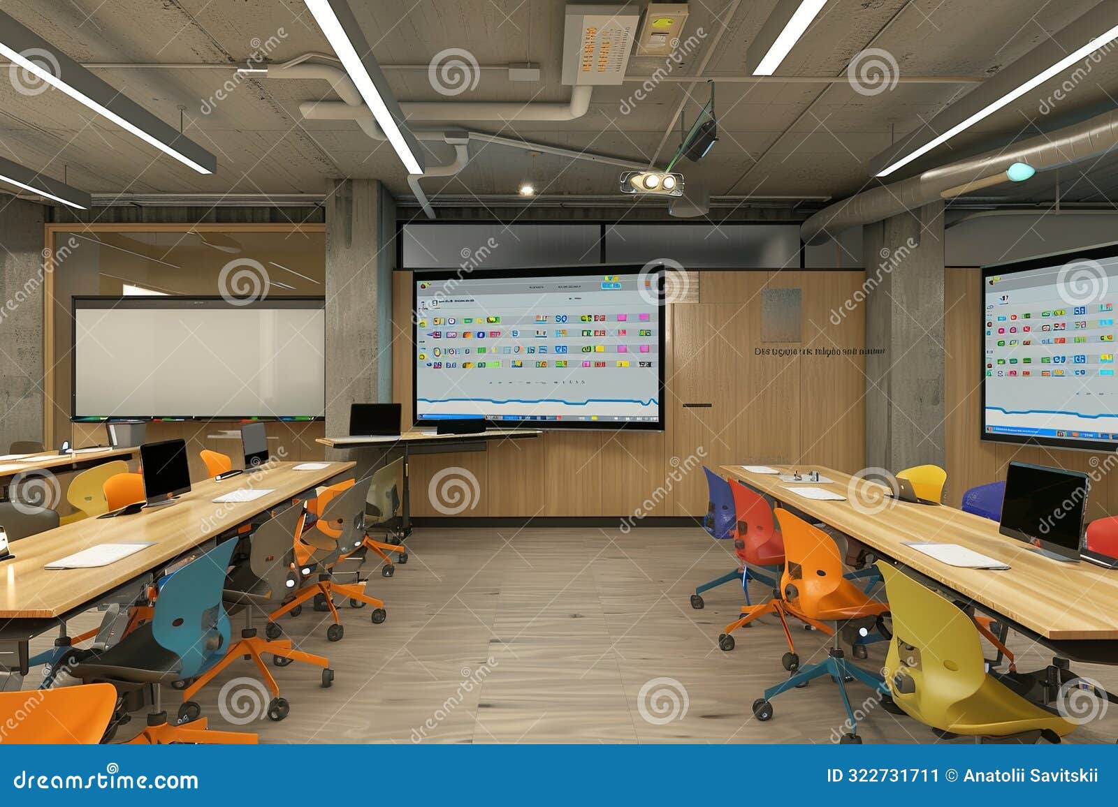 A Modern Classroom with Interactive Panels and AI Assistants, Designed ...