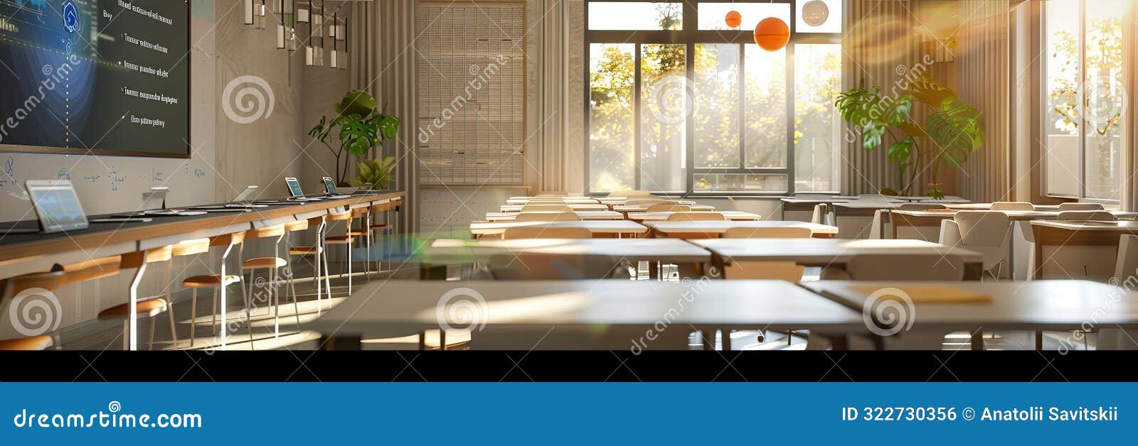 Modern Classroom with Interactive Panels and AI Assistants Enhancing Student Learning. Bright ...