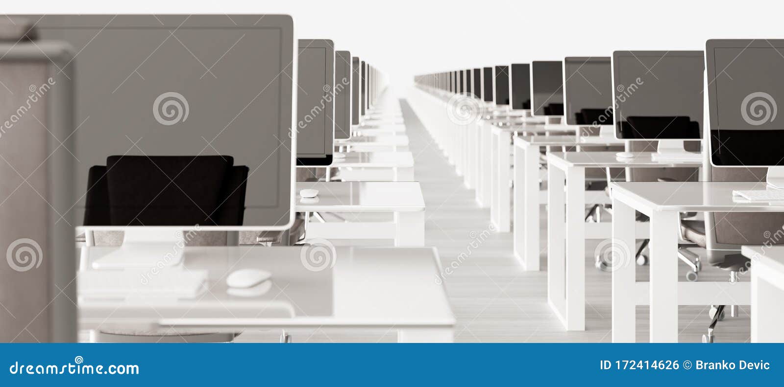 Modern Classroom Interior Design Concept. Infinity Row of Computers 3d ...