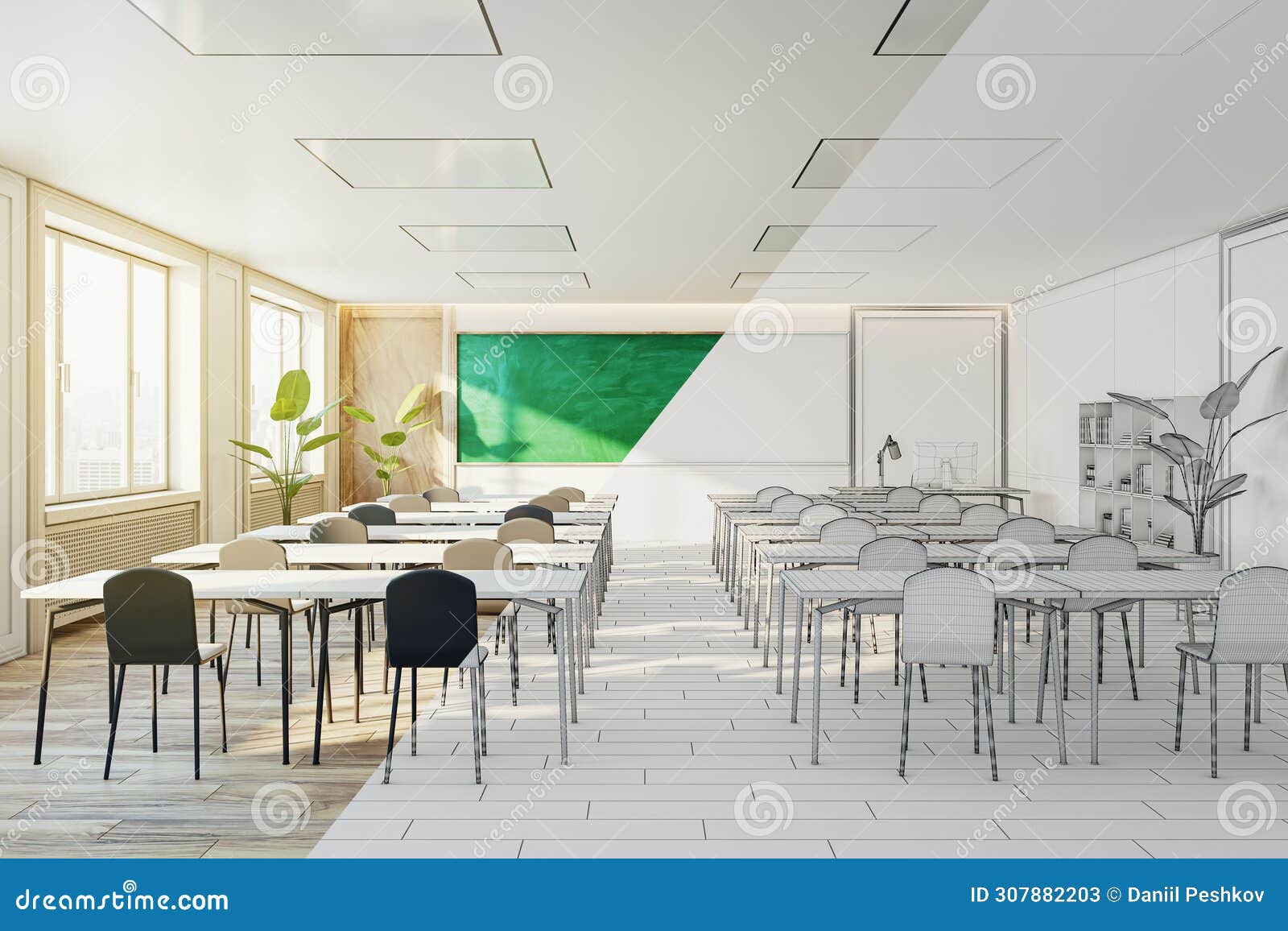 Modern Classroom Interior Transitioning To a Wireframe Design ...
