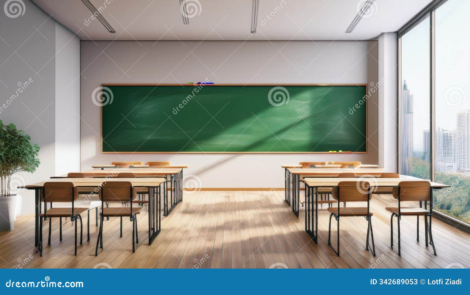 Modern Classroom Interior with Wooden Desks and Green Chalkboard. 3D ...
