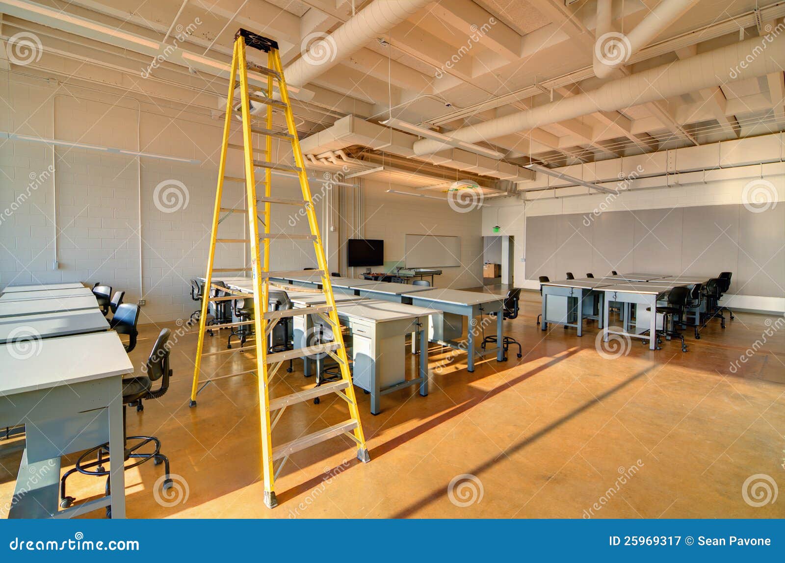 Modern Classroom Interior, With Round Tables. Anatomy Model And The ...