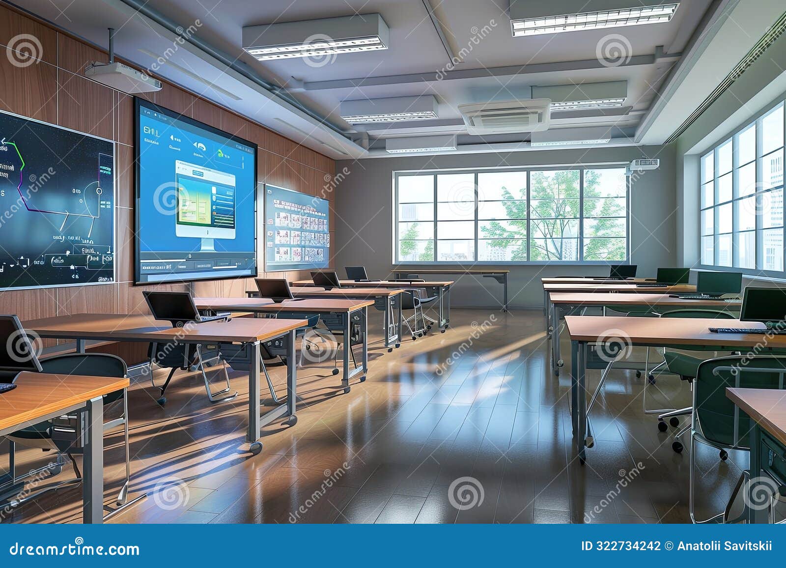 A Modern Classroom Setting with Interactive Panels, AI Assistants, and ...