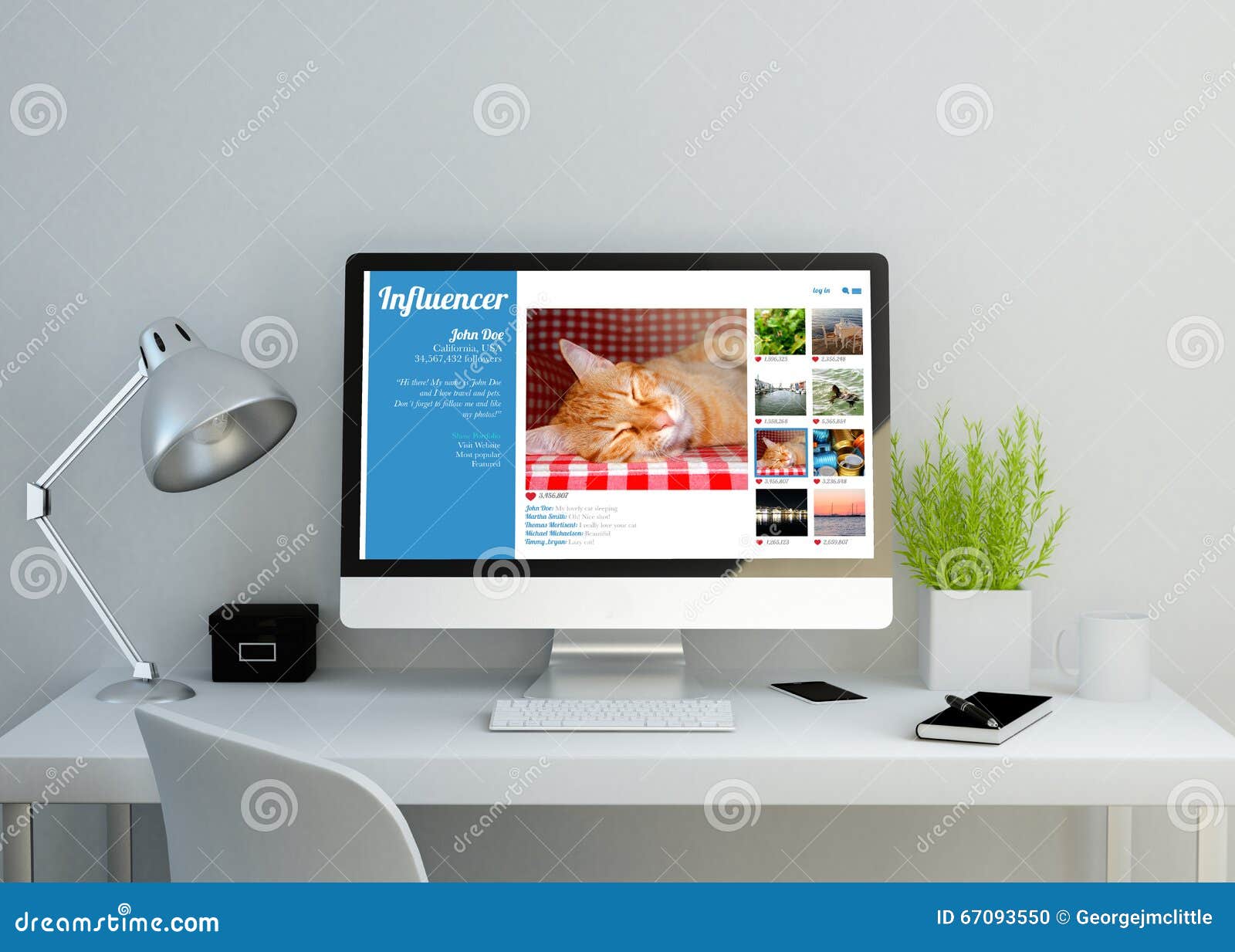 Modern Clean Workspace with Influencer Website on Screen Stock ...