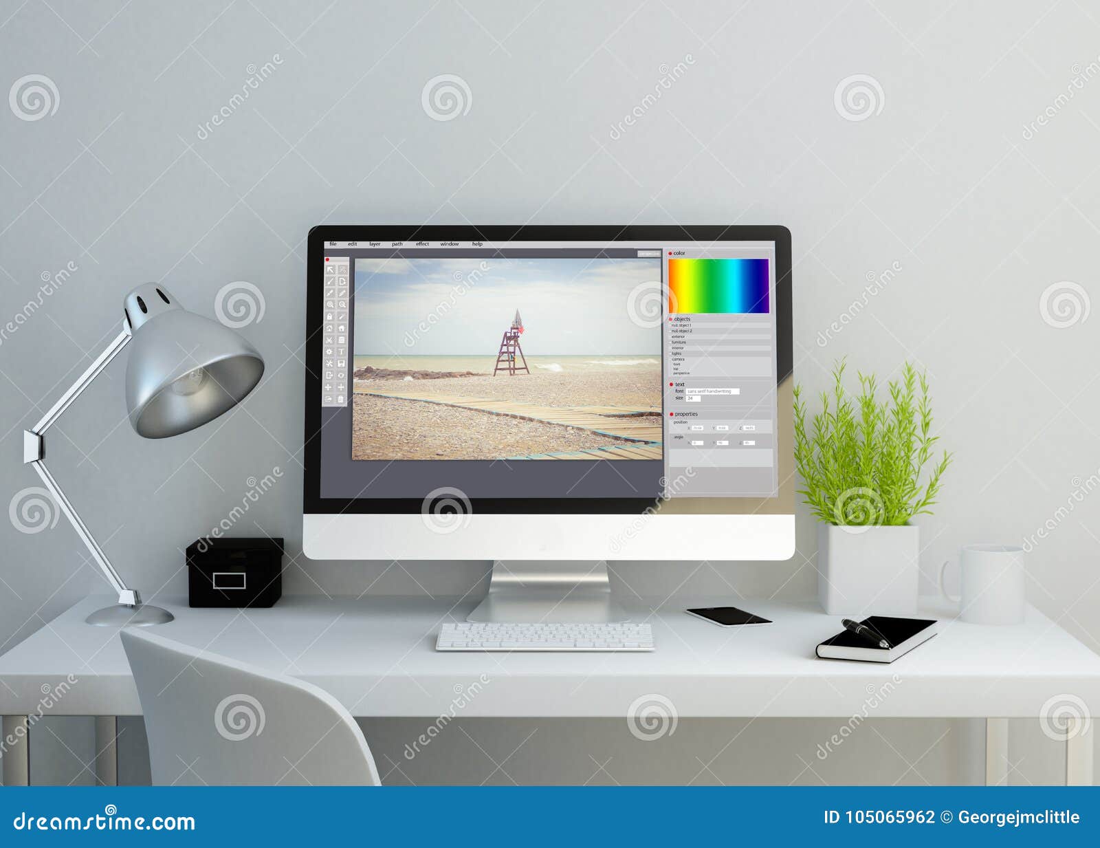 Modern Clean Workspace with Photo Editor on Screen Stock Illustration ...