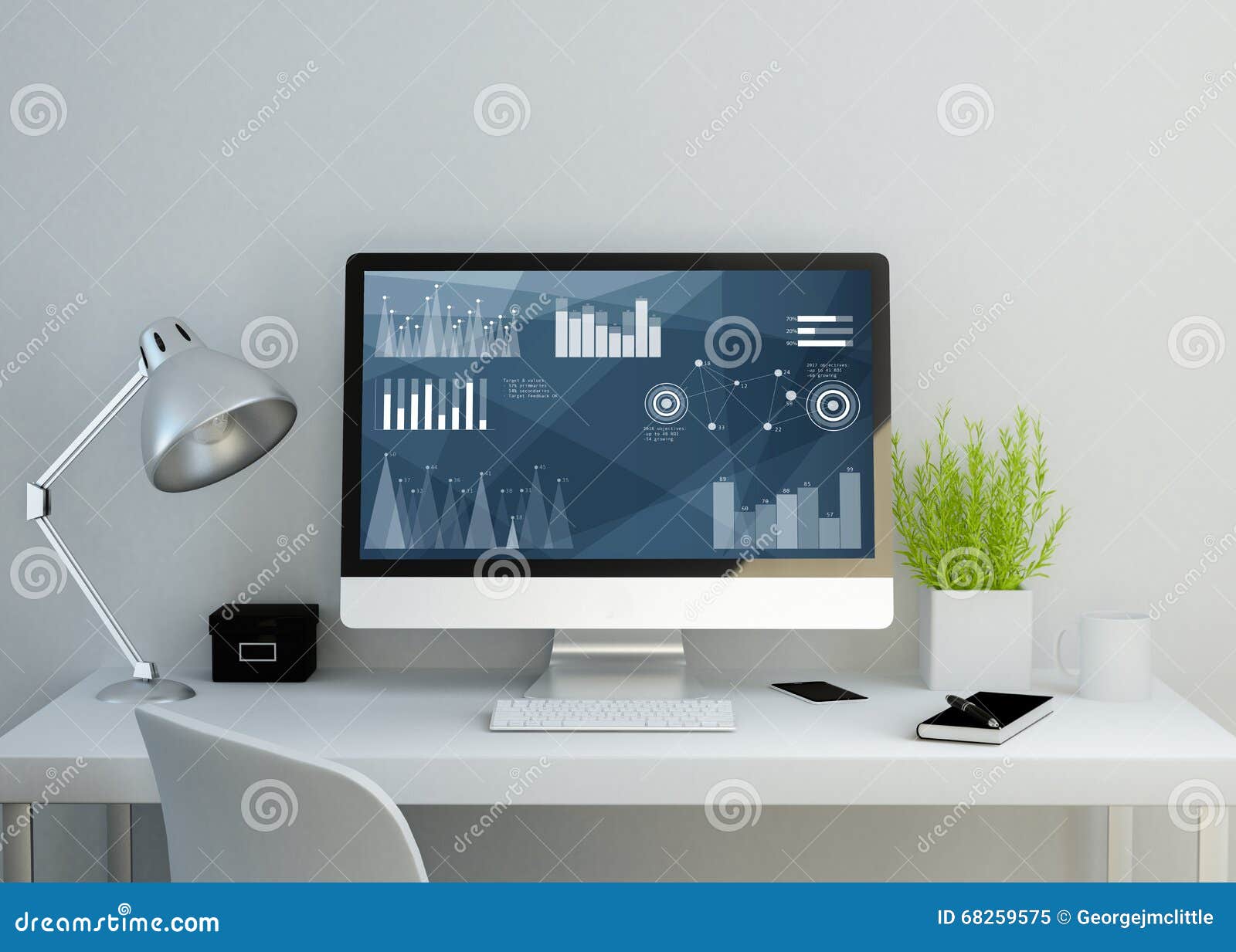 Modern Clean Workspace with Stock Data on Screen Stock Illustration ...