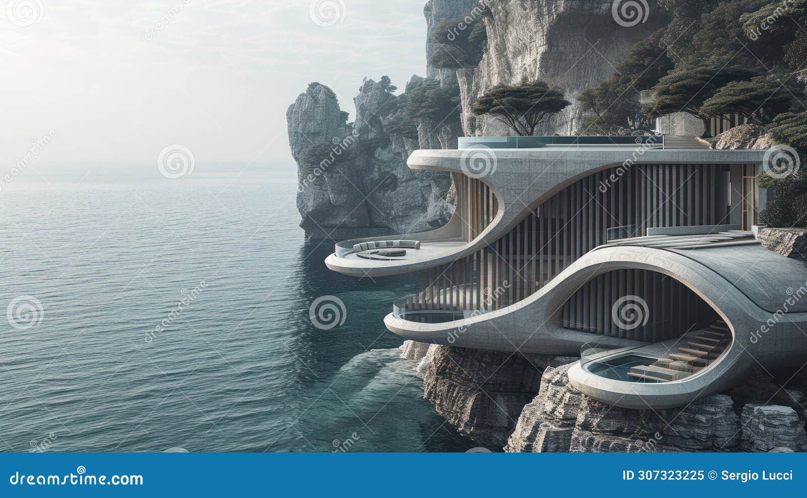 Modern Cliffside Architecture Overlooking Tranquil Sea Waters Stock ...
