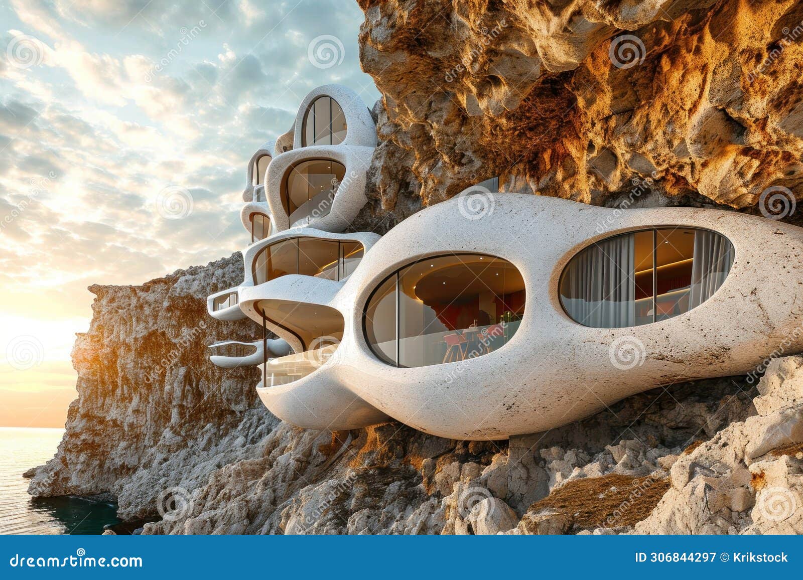 Modern Cliffside Homes with Ocean View at Sunset Stock Image - Image of ...