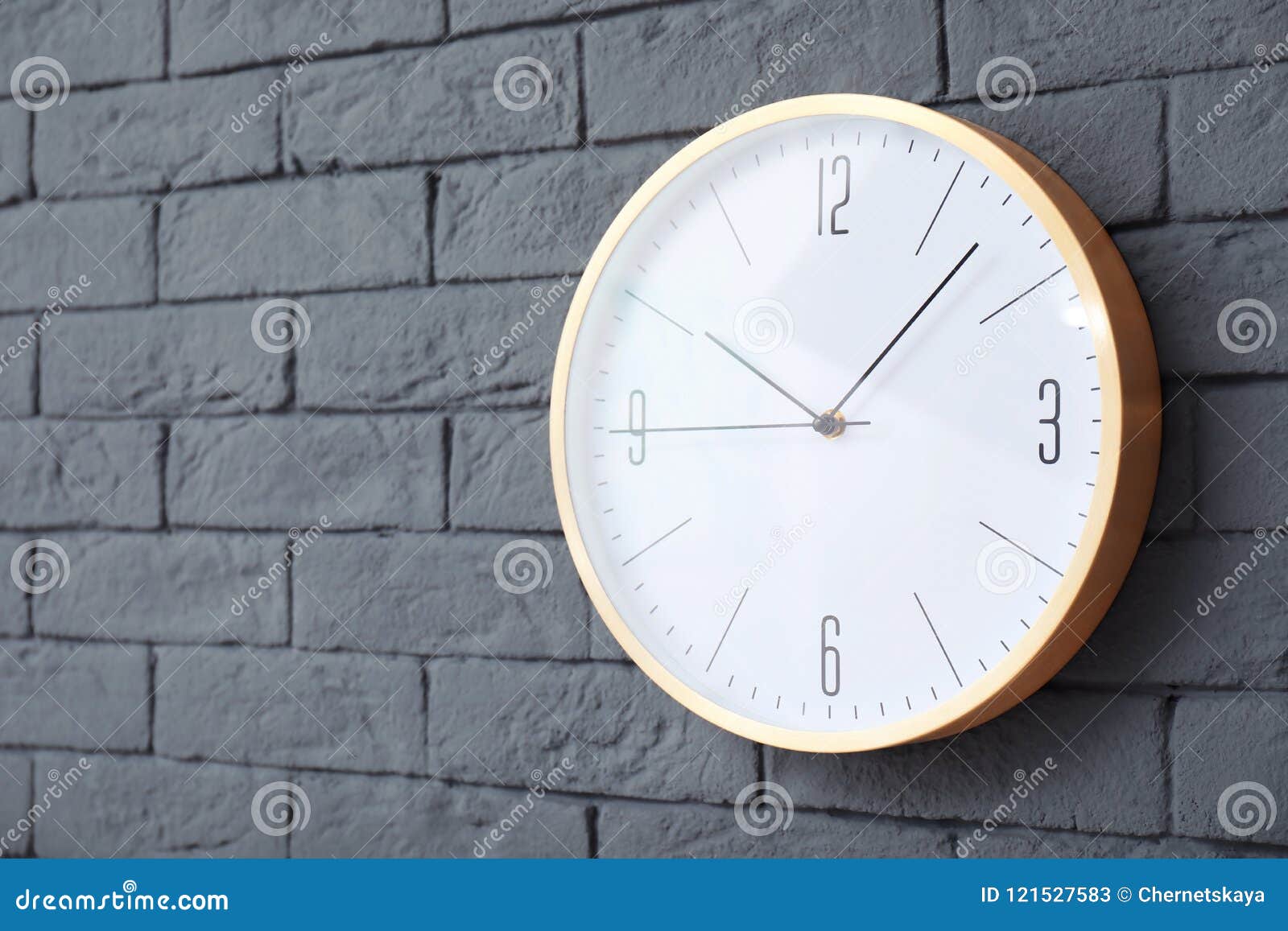Modern clock on brick wall stock image. Image of house - 121527583