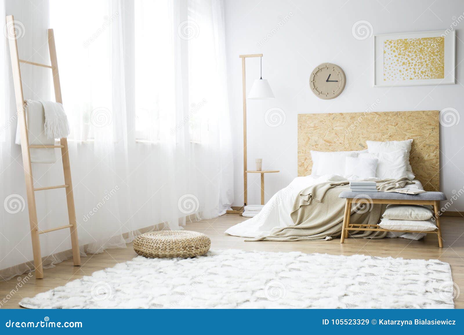 Modern clock over bed stock image. Image of flat, minimalist - 105523329
