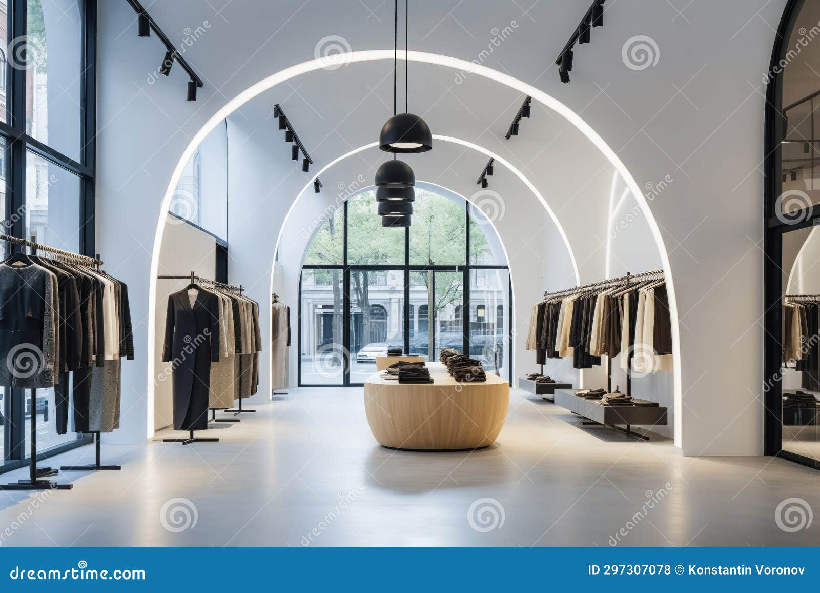 Modern Clothing Store Interior with Arched Ceiling and Hanging Lights ...