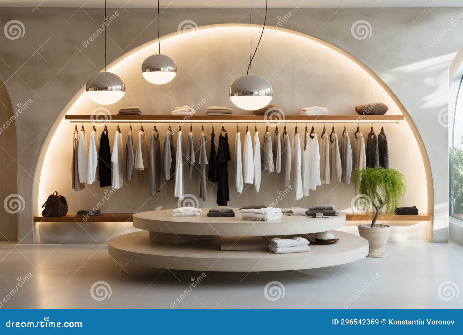 Modern Clothing Store Interior with Circular Display Table and Hanging ...