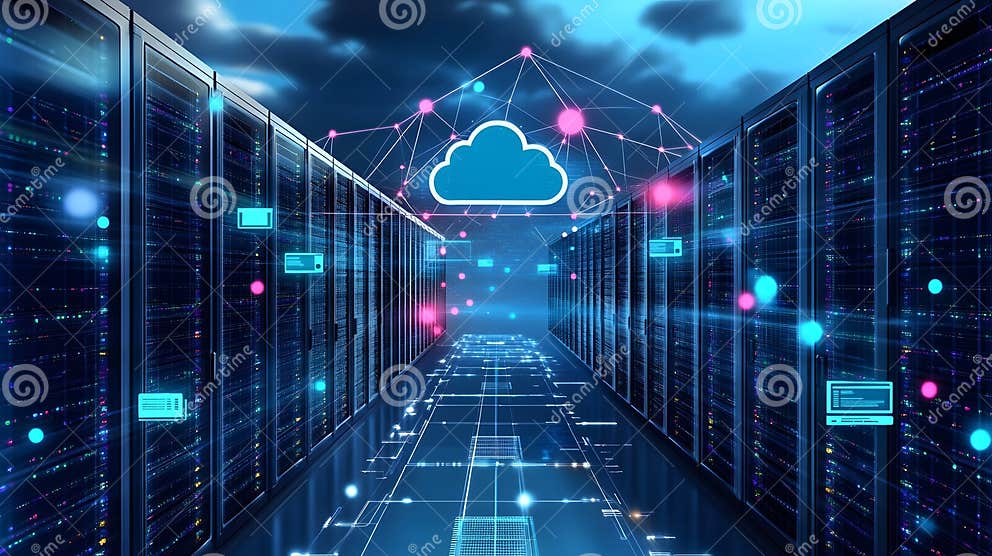 Modern Cloud Computing Concept in a Data Center Stock Illustration - Illustration of connection ...