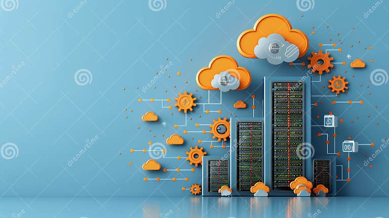 Modern Cloud Computing Concept with Frame Border and Data Servers on Blue Background Stock ...