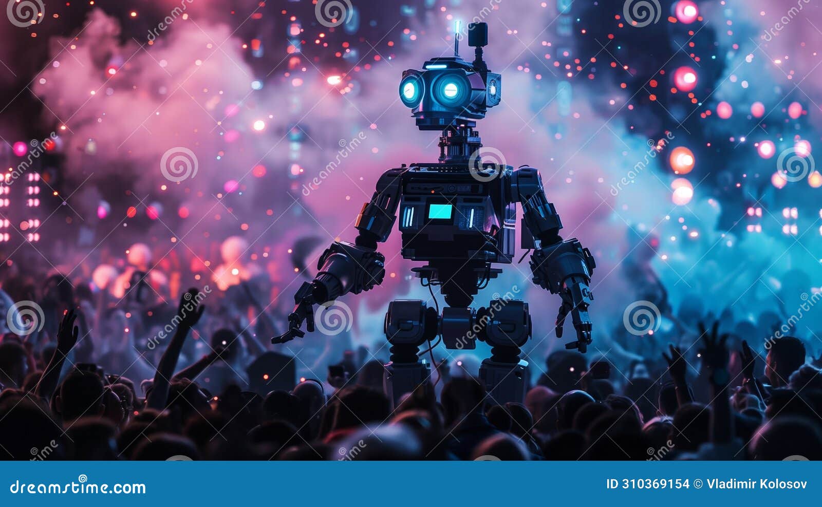 A Modern Cloud of Robots Dances at a Party with a Robot DJ. Stock ...