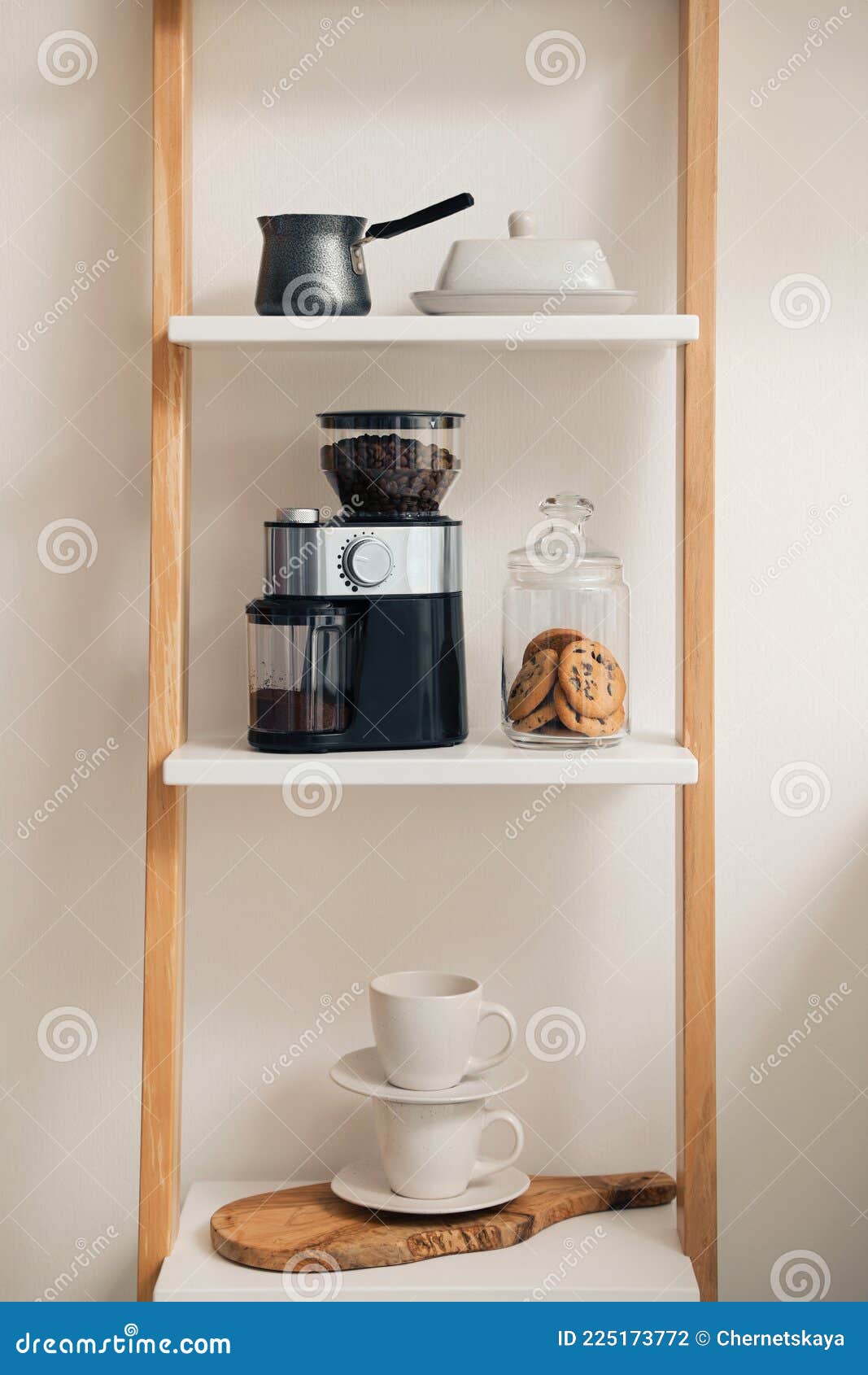 Modern Coffee Grinder on Shelving Unit Stock Photo - Image of aroma ...